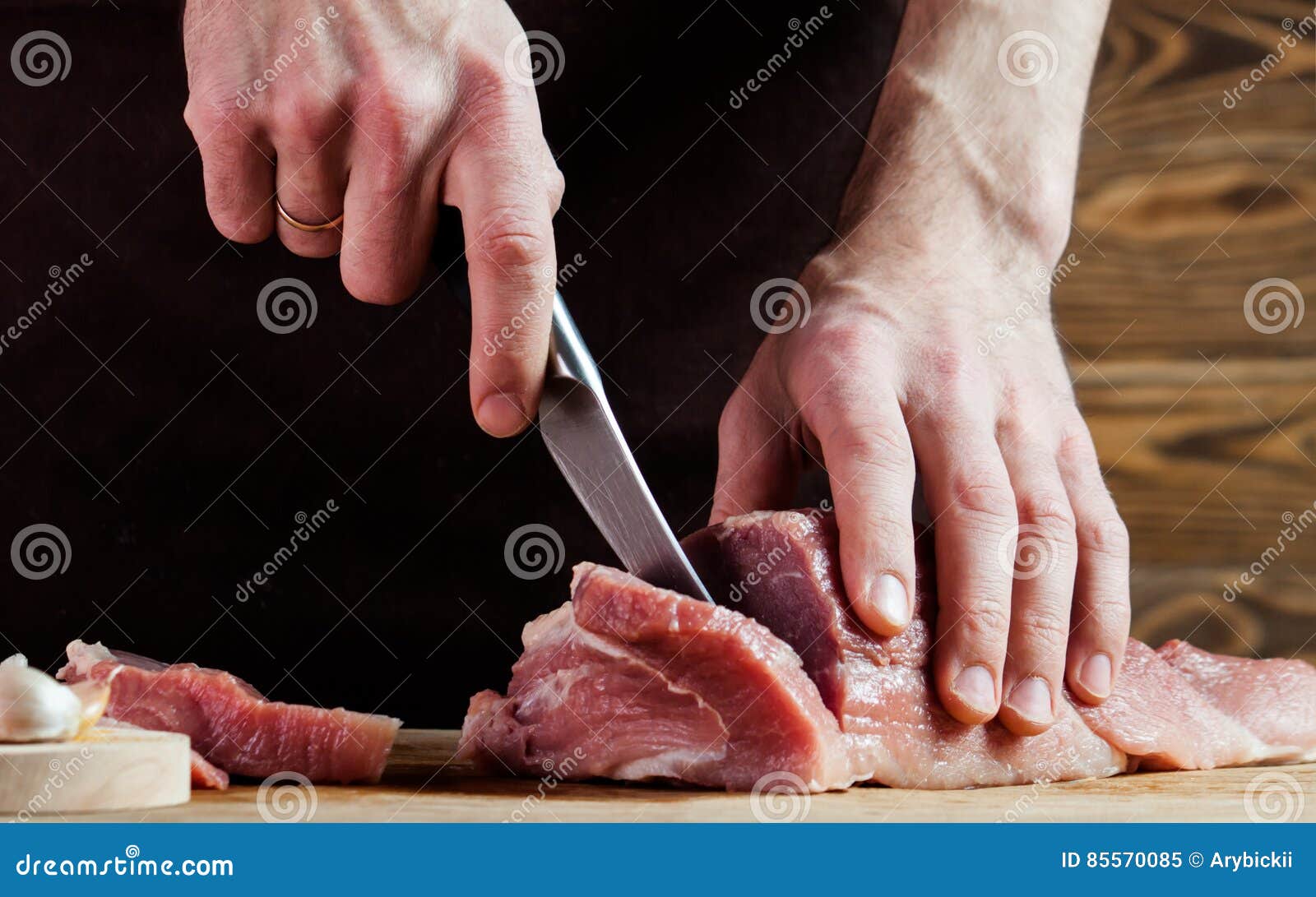 Butcher Cutting Pork Meat on Kitchen Stock Image - Image of preparation ...