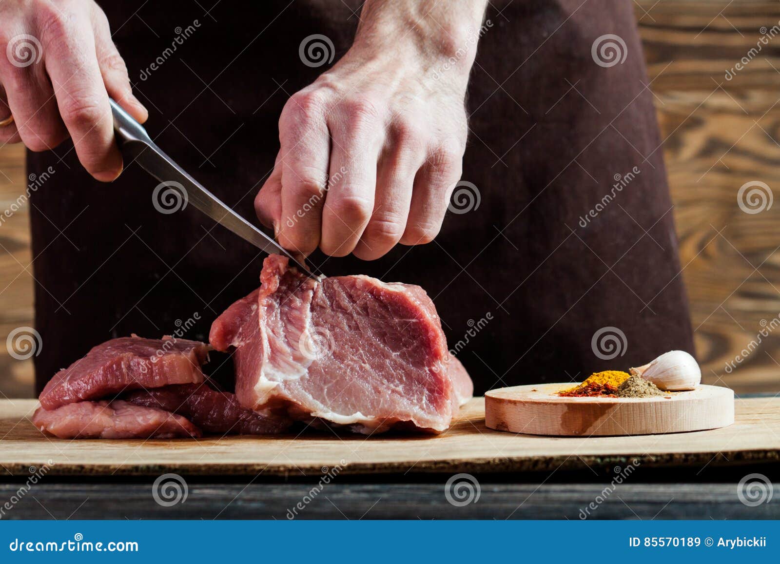 Butcher Cutting Pork Meat on Kitchen Stock Image - Image of kitchen ...