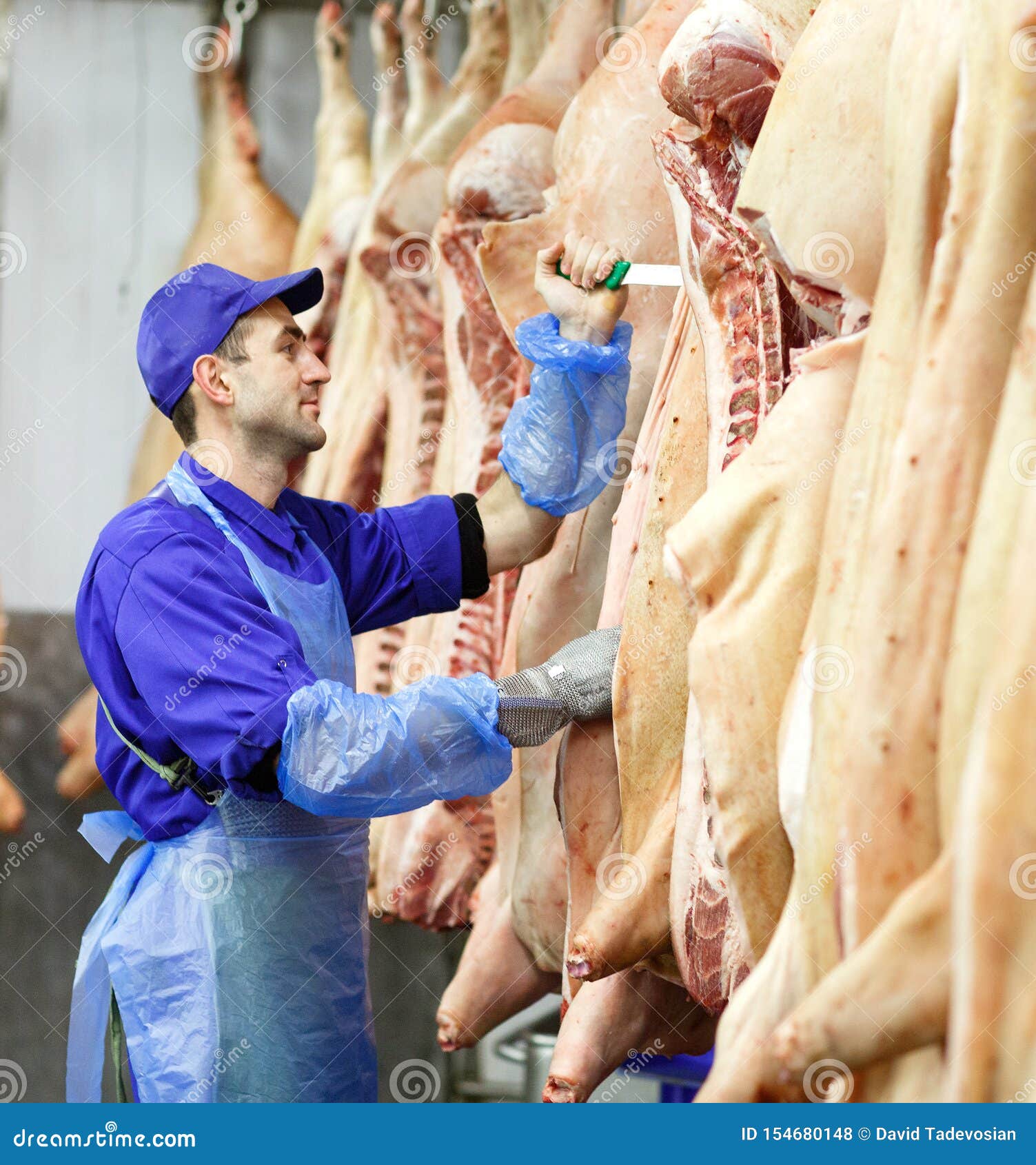 Butcher Cutting Pork at the Meat Manufacturing. Stock Photo - Image of ...