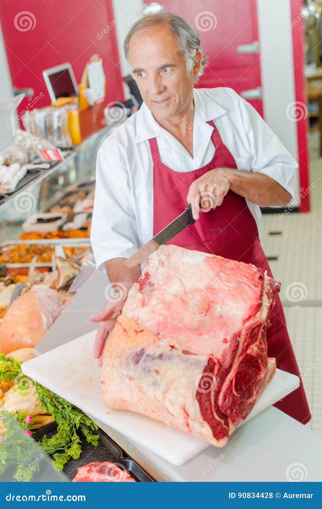 Butcher Preparing Cut Meat Beef Stock Photo - Image of butcher ...