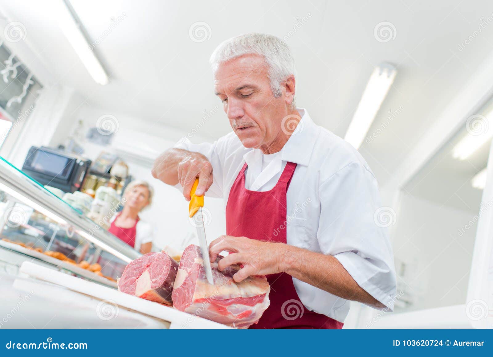 Butcher Preparing Cuts Meat Stock Photo - Image of cholesterol ...