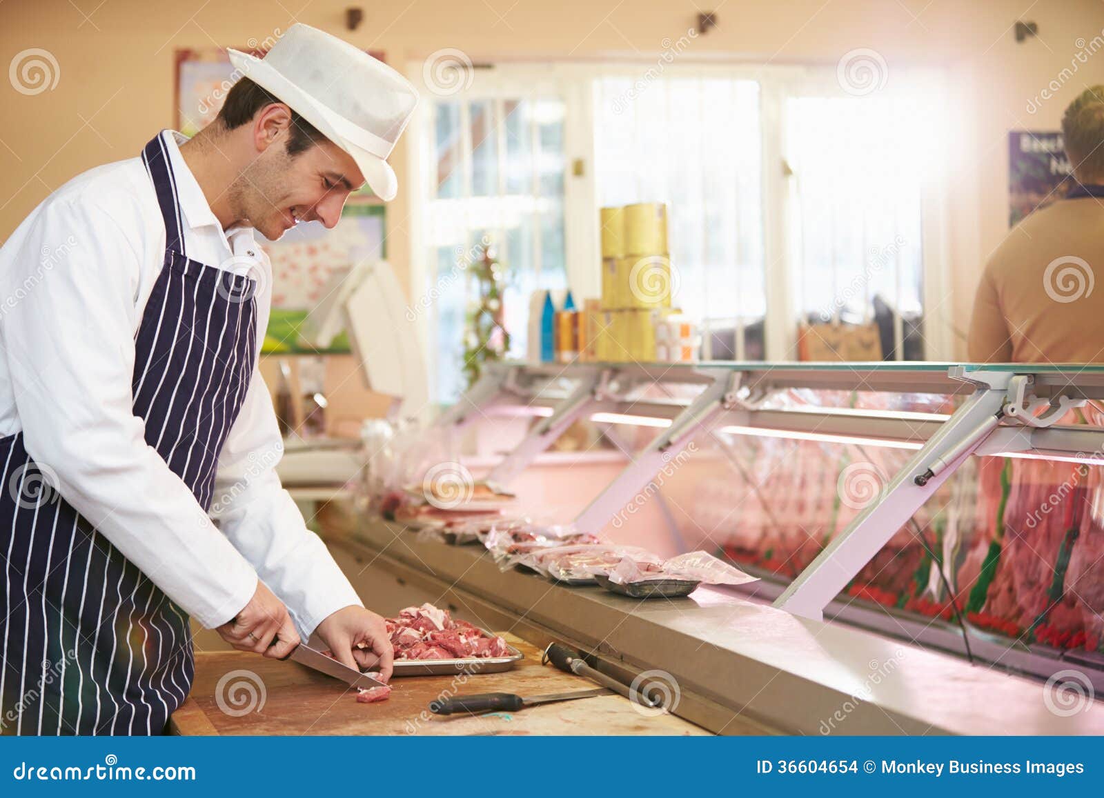 Butcher Preparing Meat in Shop Stock Photo - Image of person, organic ...