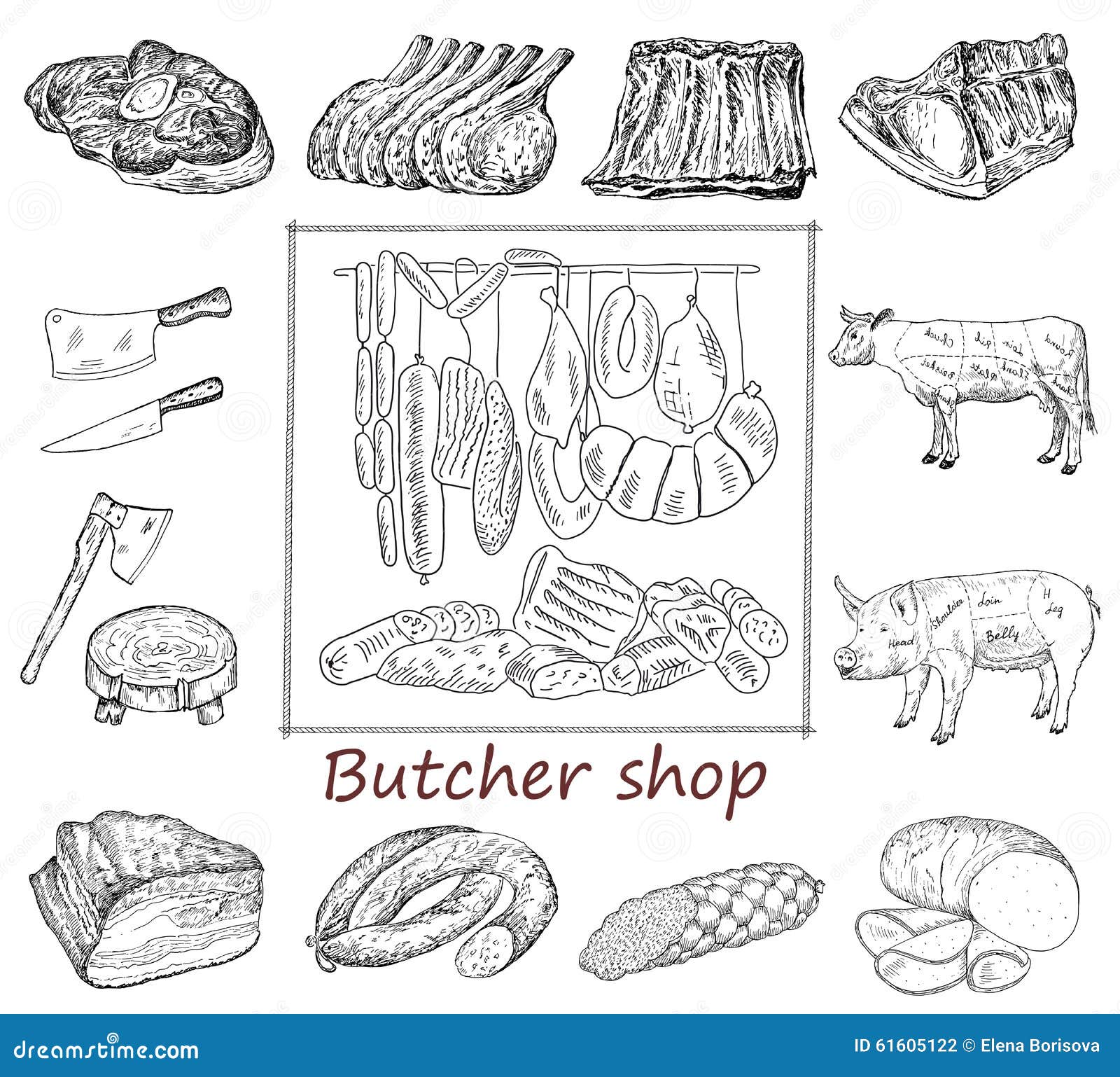 Butcher shop set stock vector. Illustration of animals - 61605122
