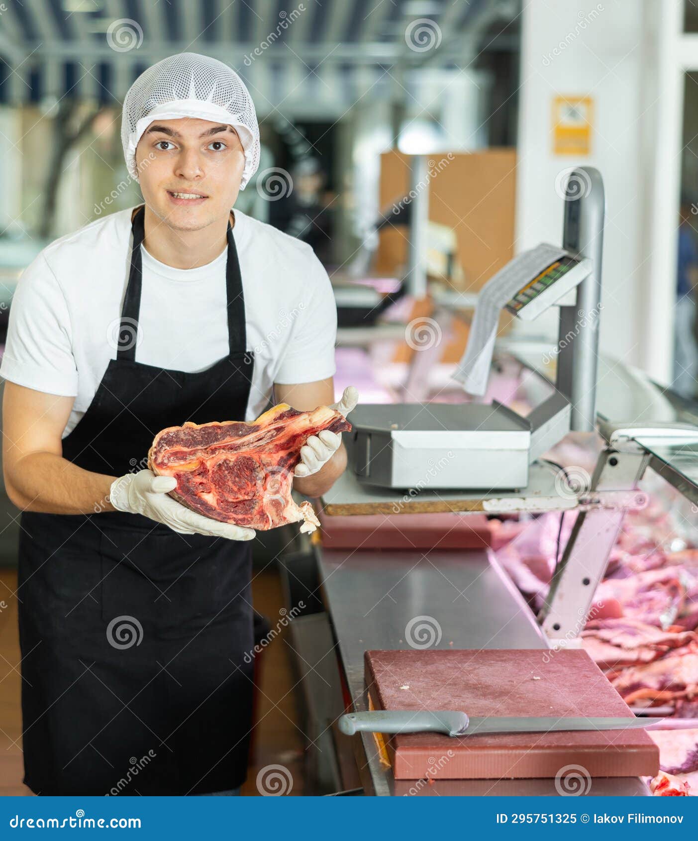 Butcher skillfully working stock image. Image of culinary - 295751325