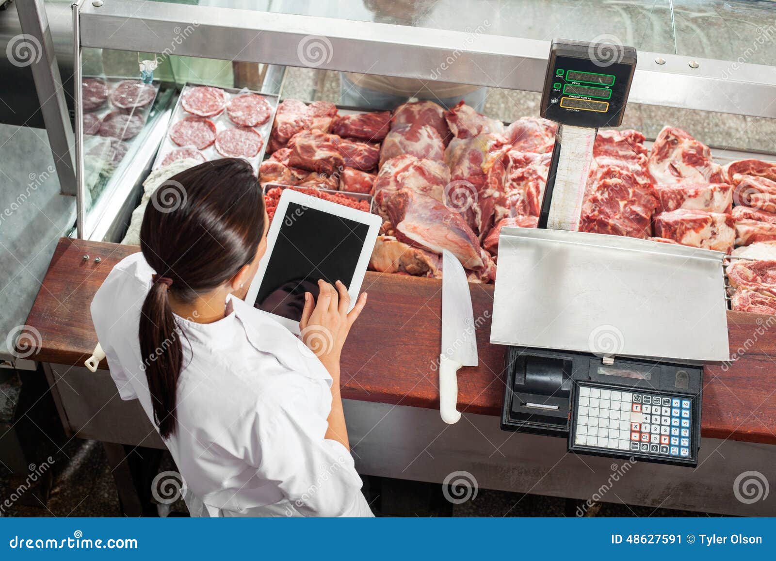 Butcher Using Digital Tablet in Butchery Stock Image - Image of ...