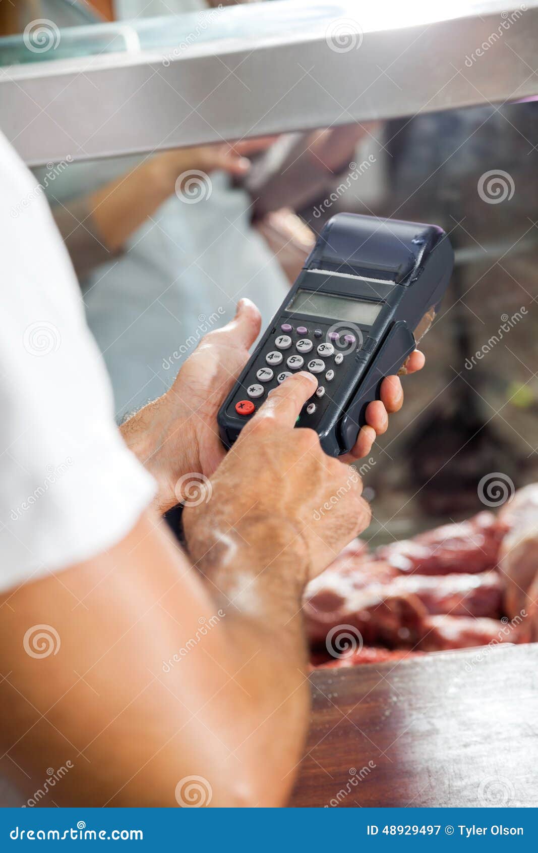 Butcher Using Electronic Card Machine in Shop Stock Image - Image of ...