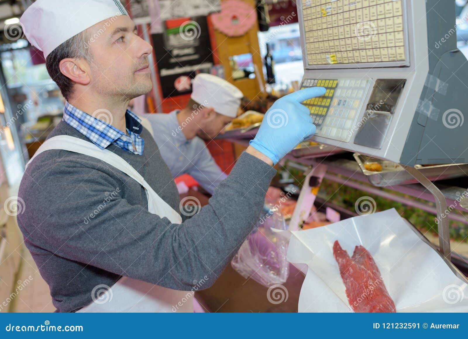 Butcher Weighing Meat on Scales Stock Image - Image of produce, service ...