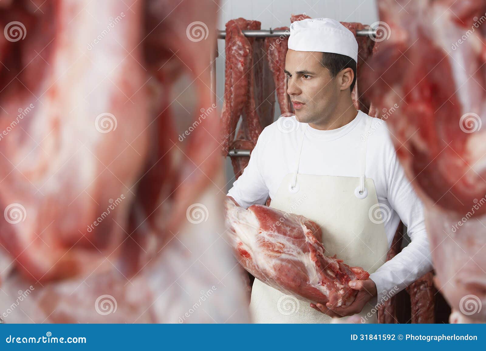 Butcher Working in Meat Locker Stock Photo - Image of male, shop: 31841592
