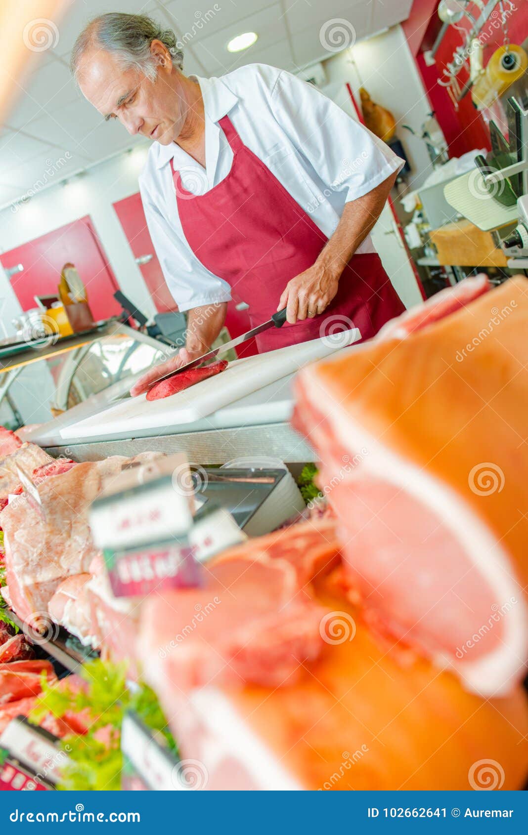 Butcher Working on Piece Meat Stock Image - Image of delicatessen ...
