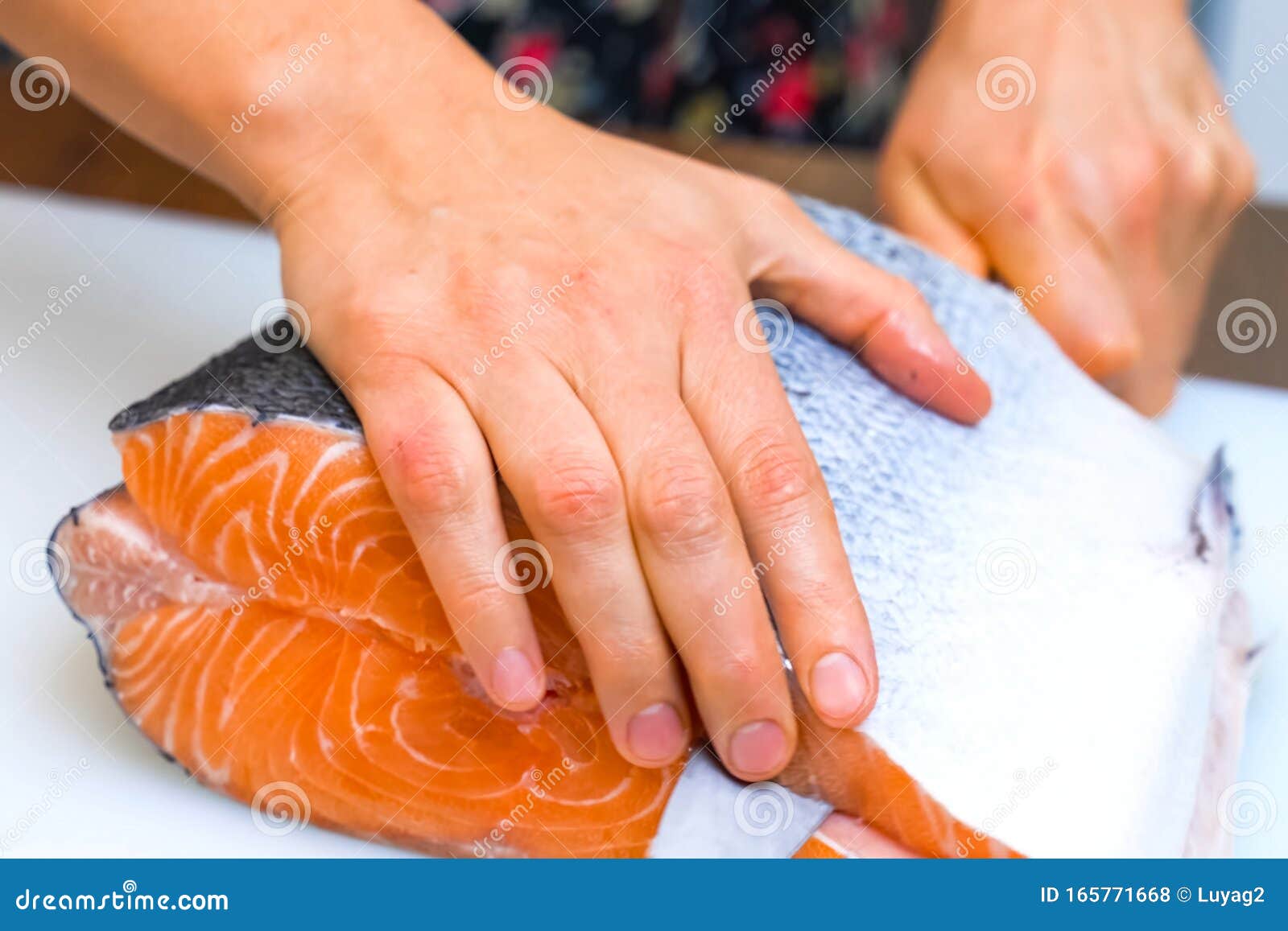 Butchering Salmon, Piece of Salmon Red Fish Meat Stock Photo - Image of ...