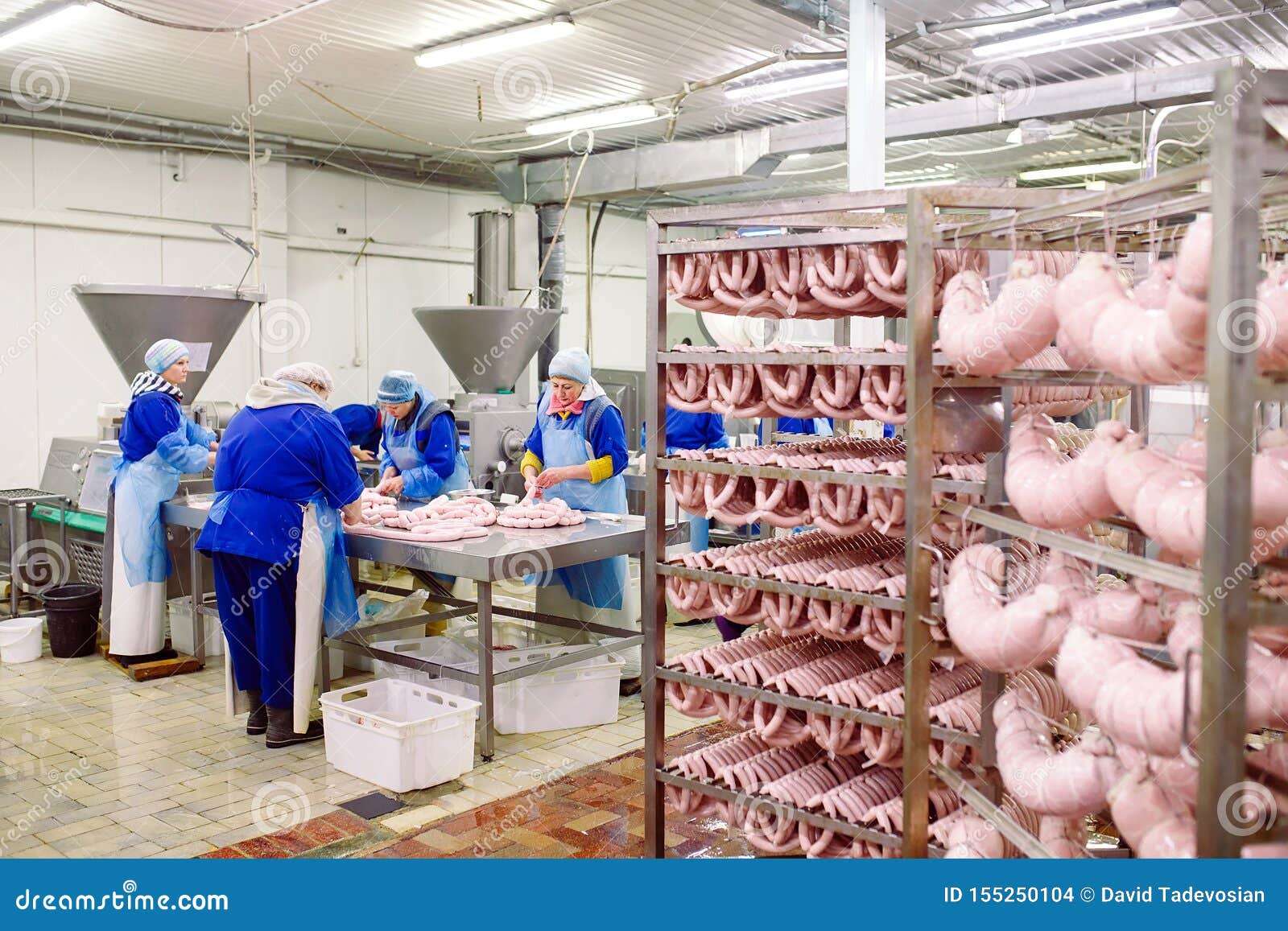 Butchers Processing Sausages at the Meat Factory. Stock Photo - Image ...