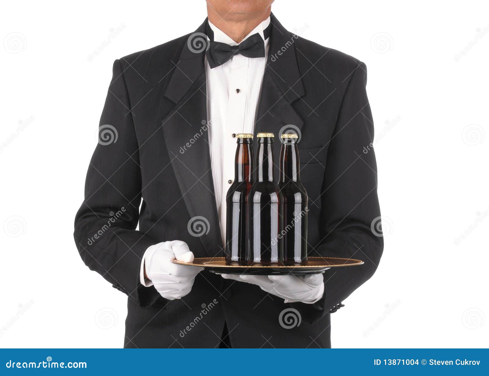 Butler with Beer Bottles on Tray Stock Photo - Image of black, white ...