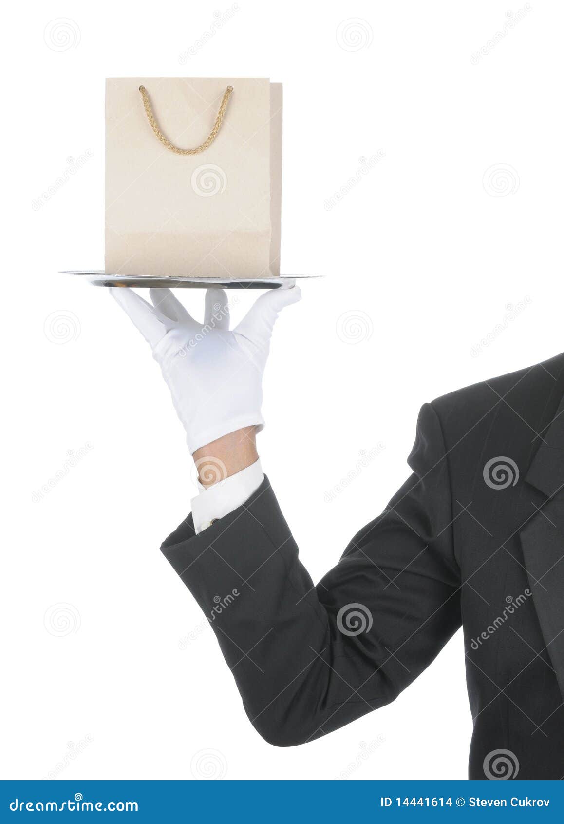 Butler with Gift Bag on Tray Stock Photo - Image of elegant, suit: 14441614