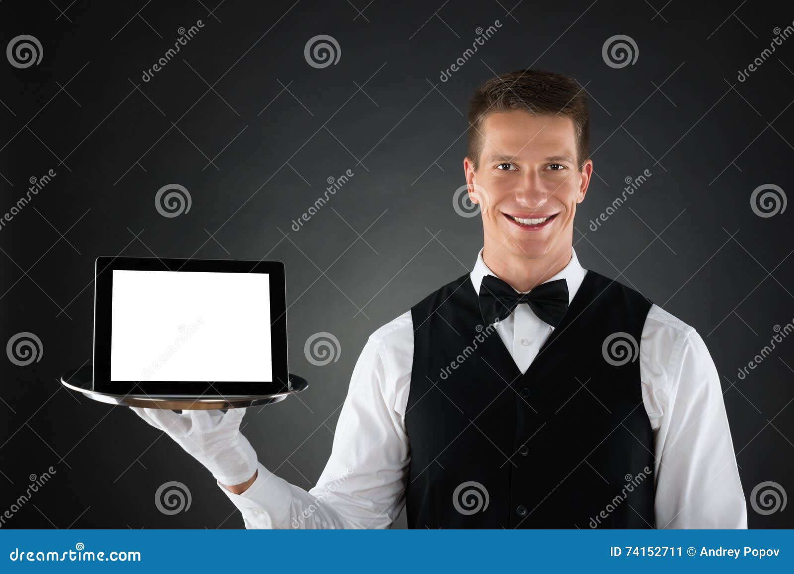 Butler Holding Tray with Digital Tablet Stock Image - Image of cheerful ...