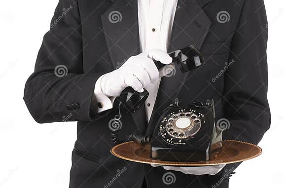 Butler with Phone on Tray stock photo. Image of gloves - 13853380