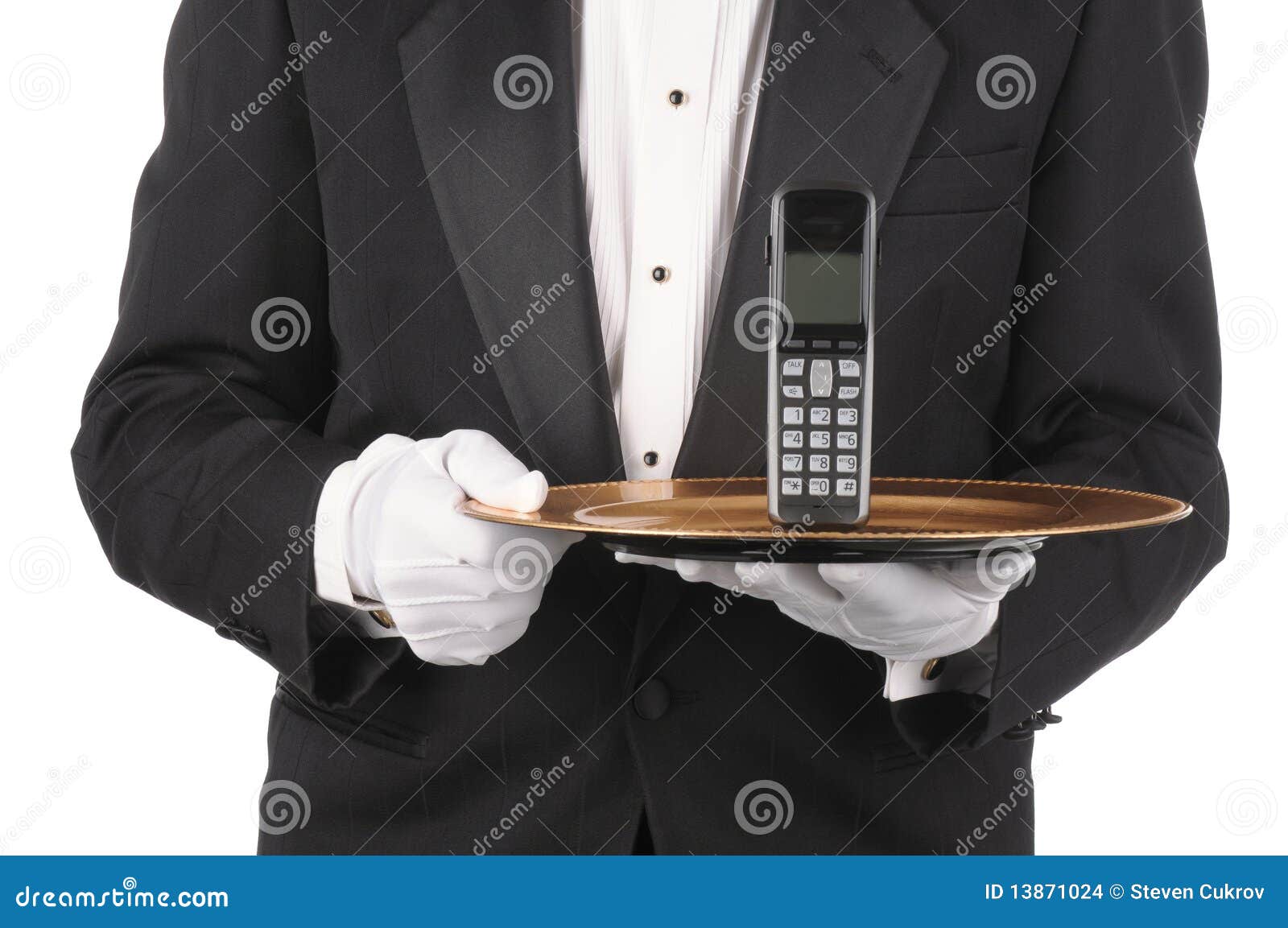 Butler with Phone on Tray stock photo. Image of cutout - 13871024