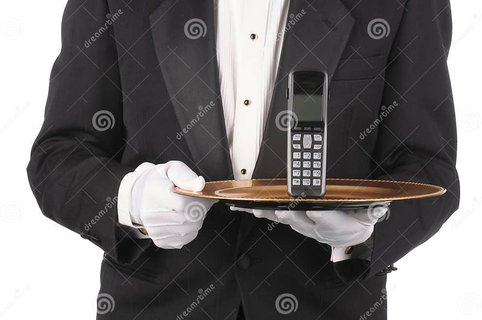 Butler with Phone on Tray stock photo. Image of cutout - 13871024