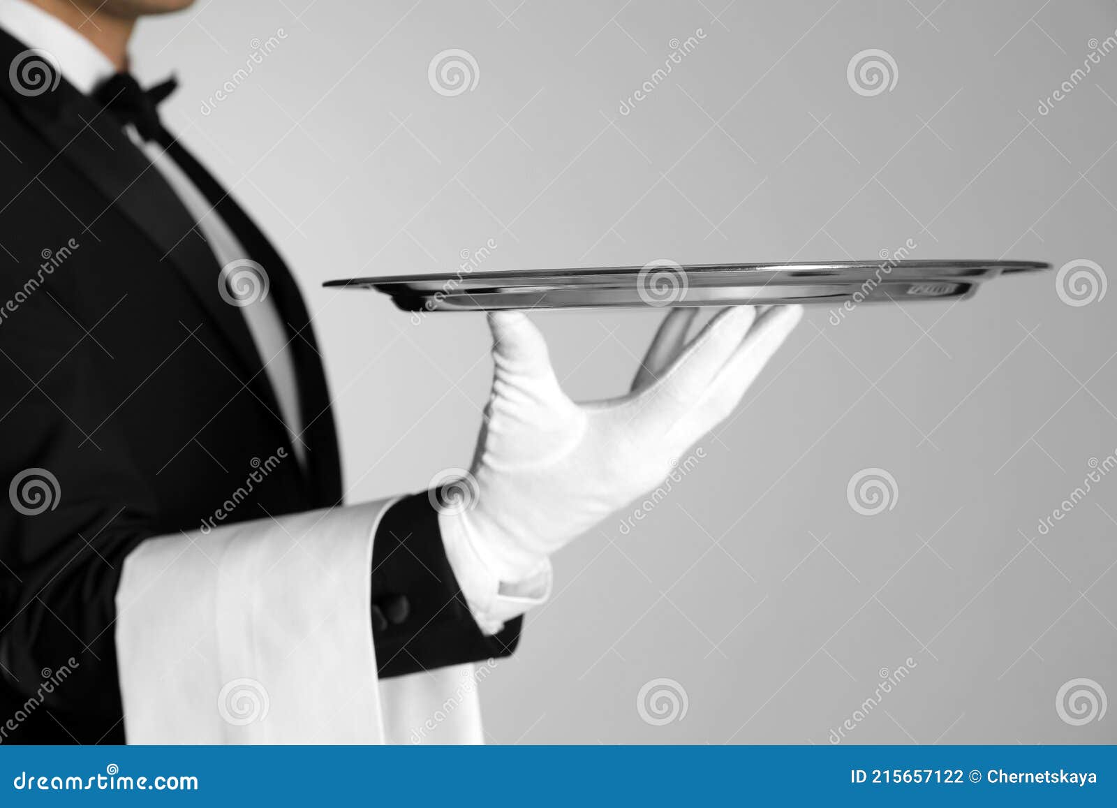 Butler with Tray on Light Grey Background, Closeup Stock Photo - Image ...
