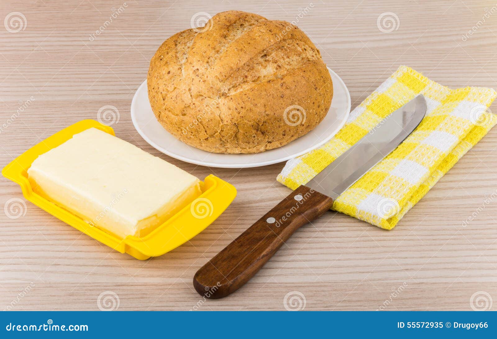 Butter, Bread in Plate and Knife on Napkin Stock Image - Image of dish ...