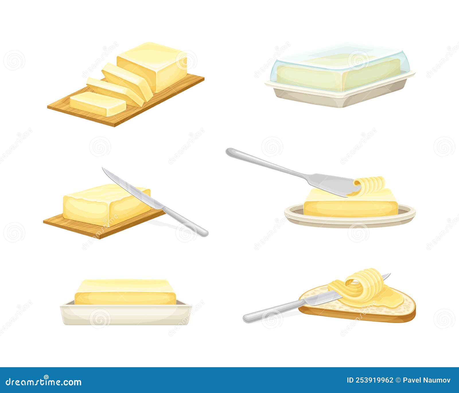 Butter Chunk with Knife Spreading it on Slice of Bread Vector Set Stock ...