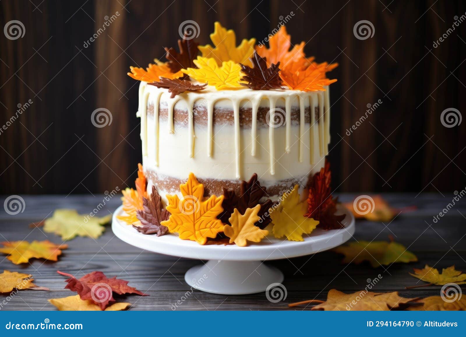 A Buttercream Cake with Cascading Sugar-made Fall Leaves Stock Photo ...