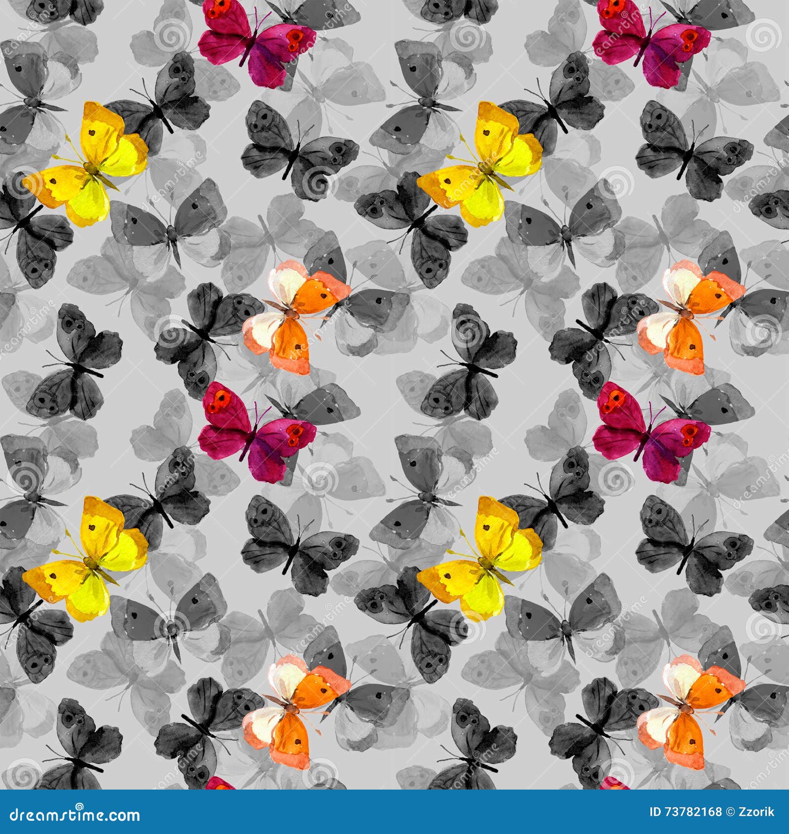 Butterflies. Colorful at Grey Background. Repeated Pattern. Watercolor ...