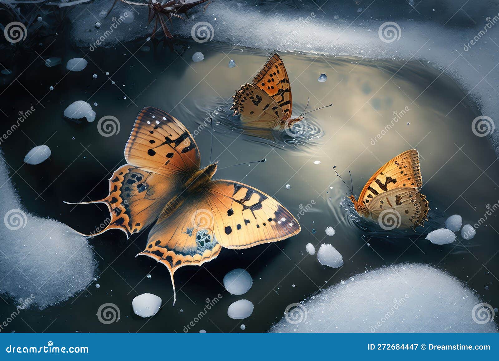 Butterflies Crawling on the Frozen Surface of a Pond, with Snowflakes ...