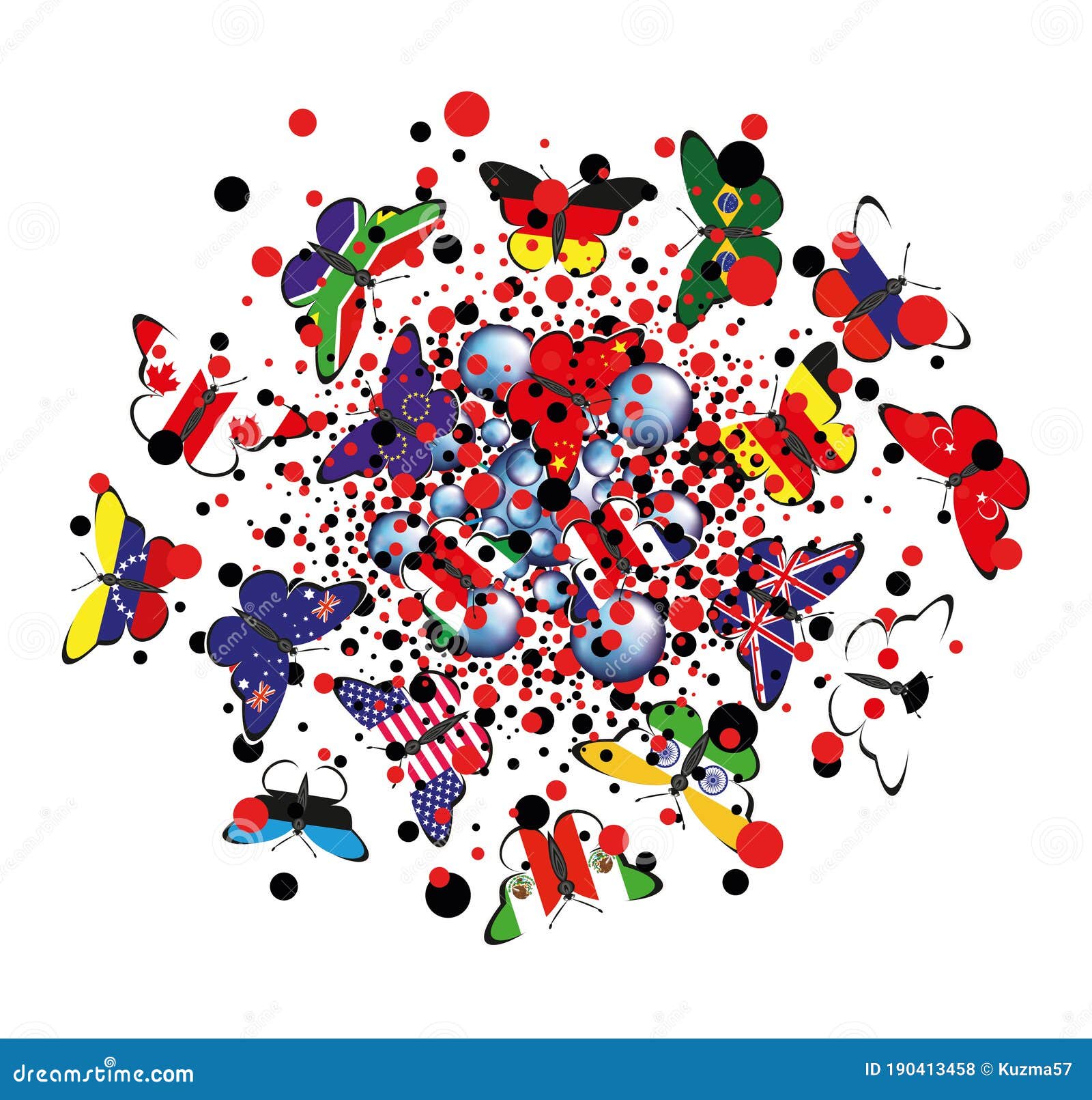 Butterflies with Flags of Countries and Virus Molecules Stock Vector ...