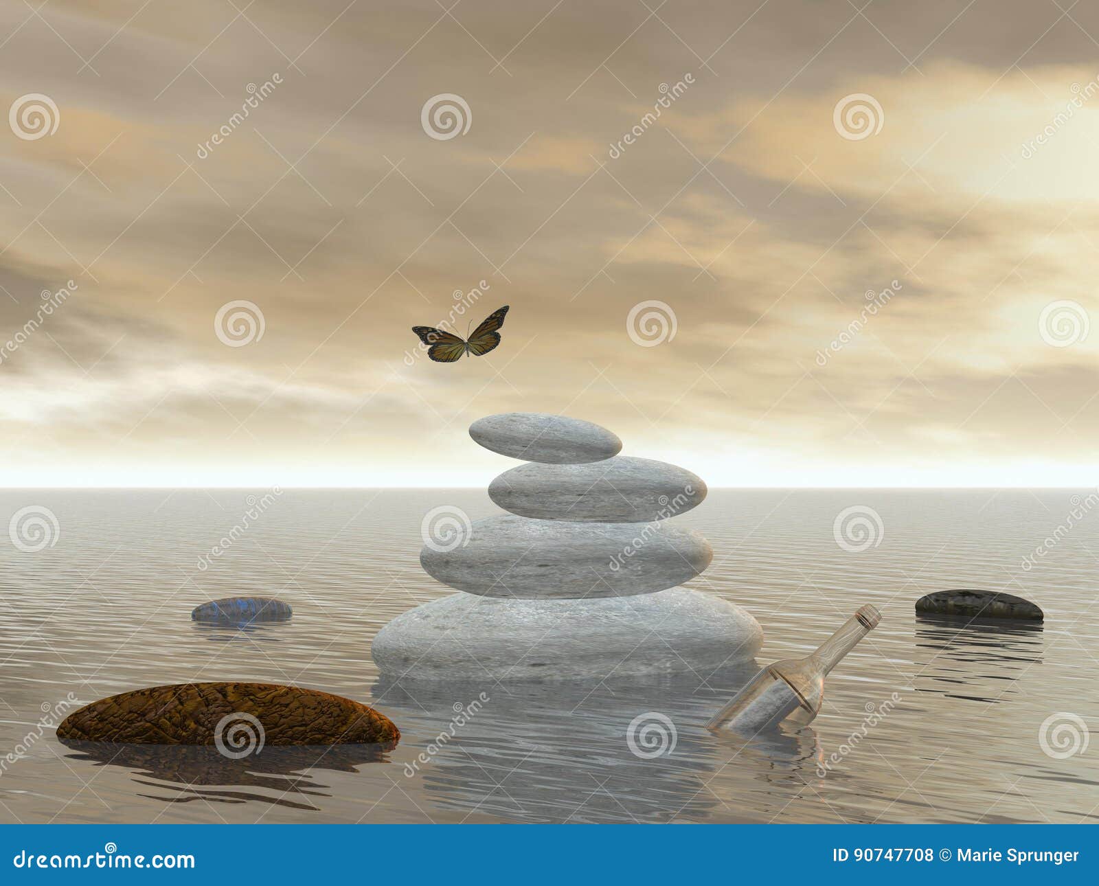 Butterflies in Flight in a Zen Landscape - 3D Rendering Stock ...