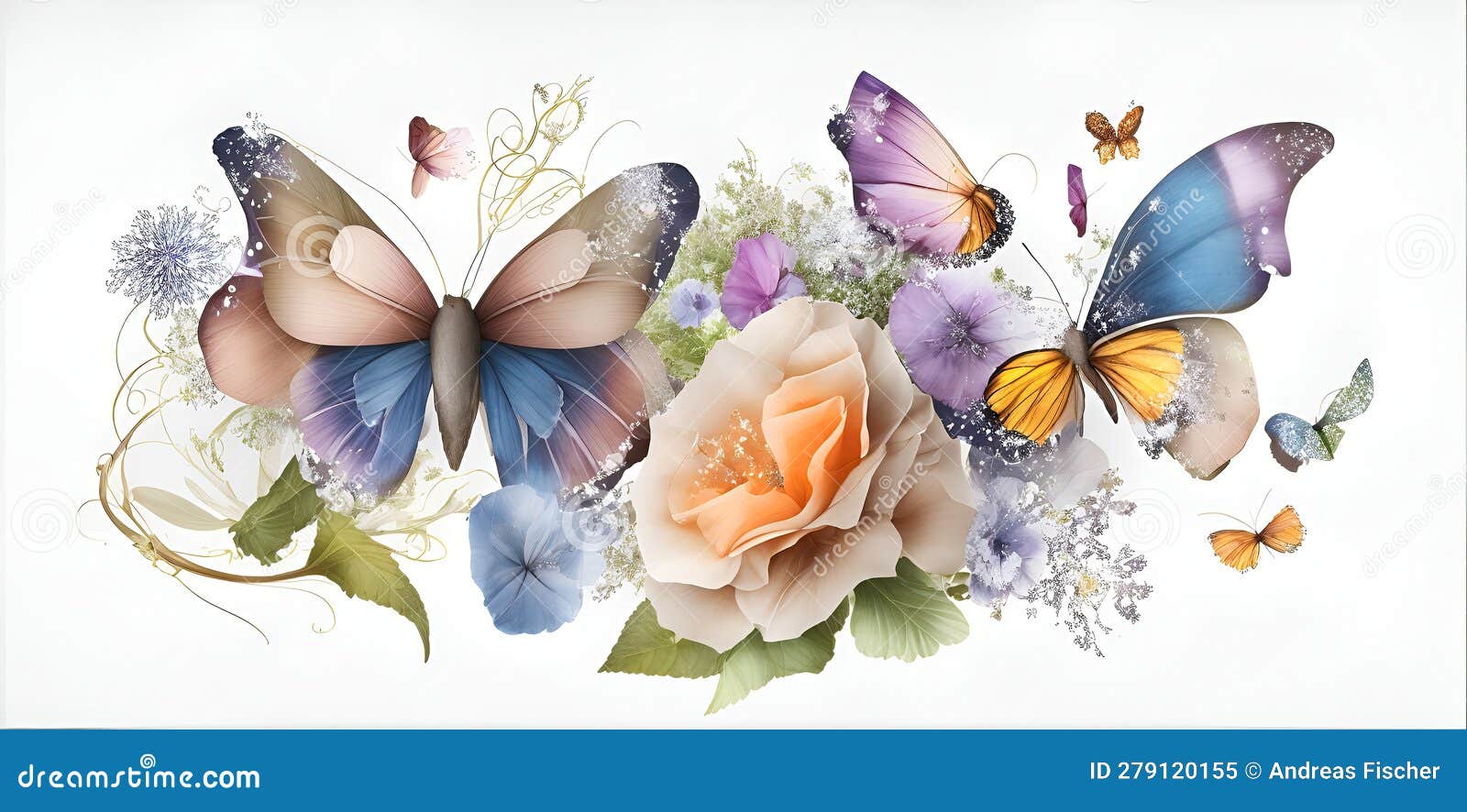Butterflies with Flowers on a White Background. Stock Illustration ...
