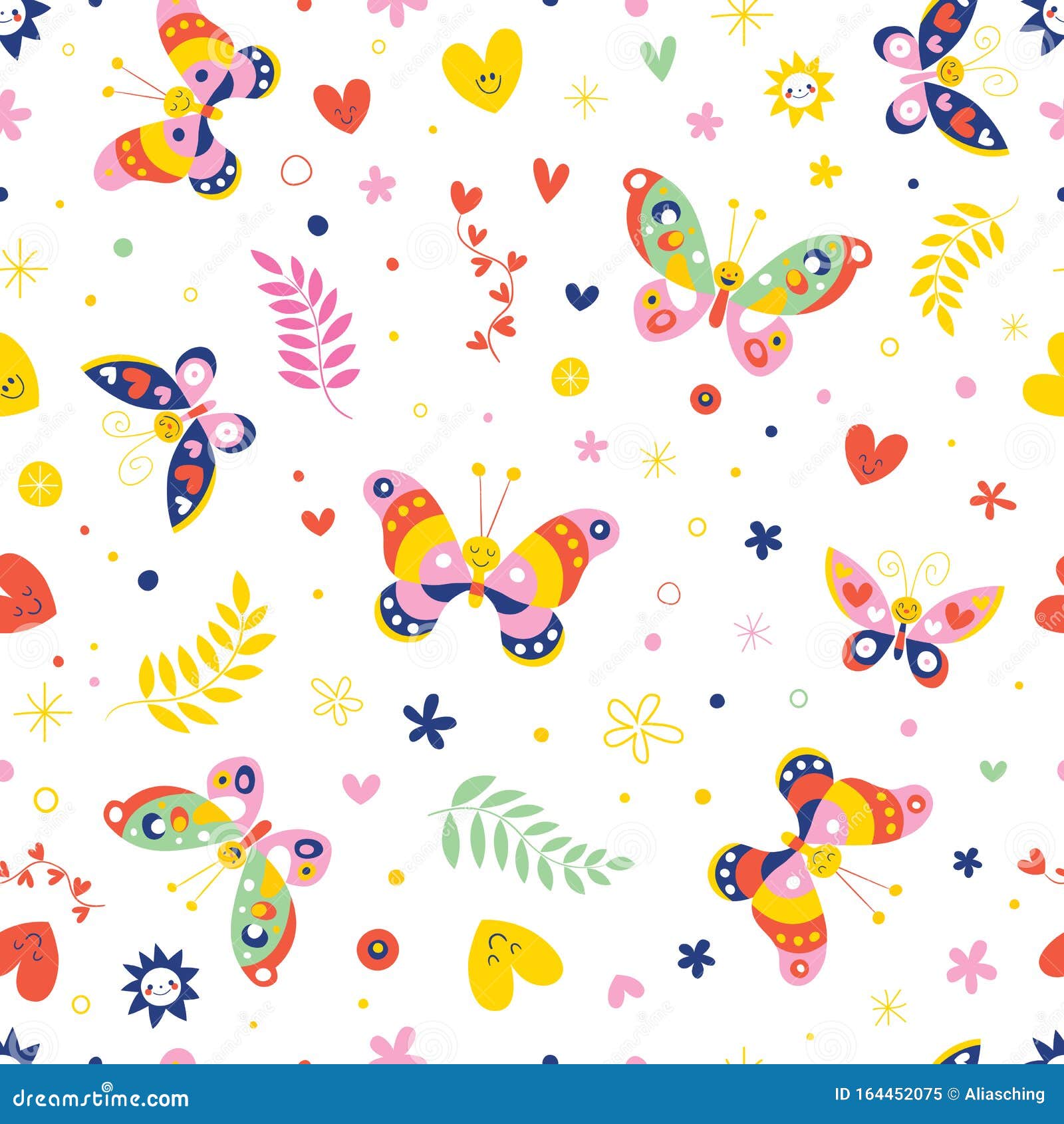 Butterflies Hearts Nature Seamless Pattern Stock Vector - Illustration ...