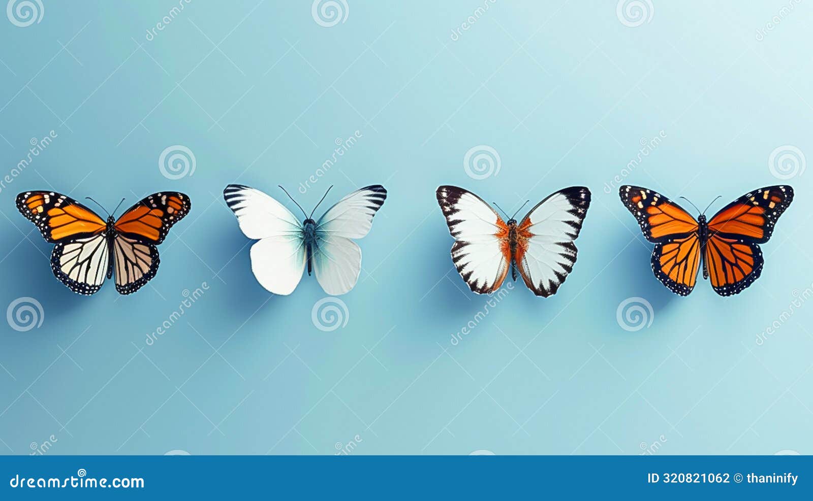 Butterflies are Lined Up in a Row on a Blue Surface Stock Illustration ...