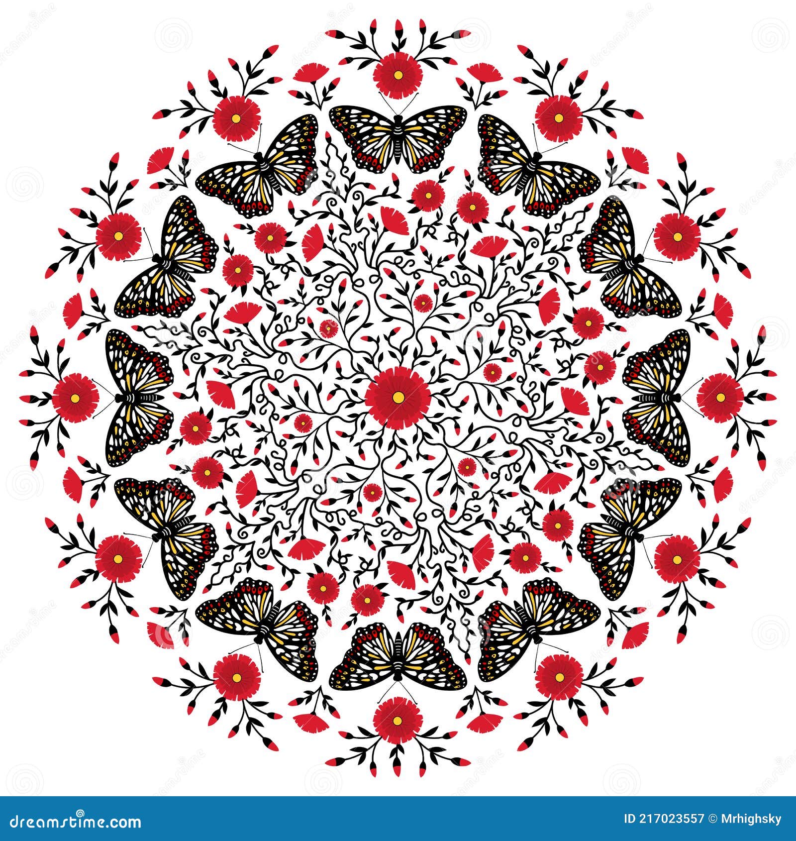 Butterflies and Red Floral Vines Mandala Stock Vector - Illustration of ...