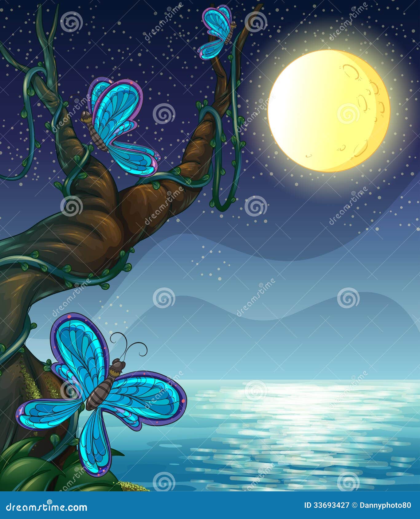 Butterflies Roaming Around a Big Tree Stock Illustration - Illustration ...