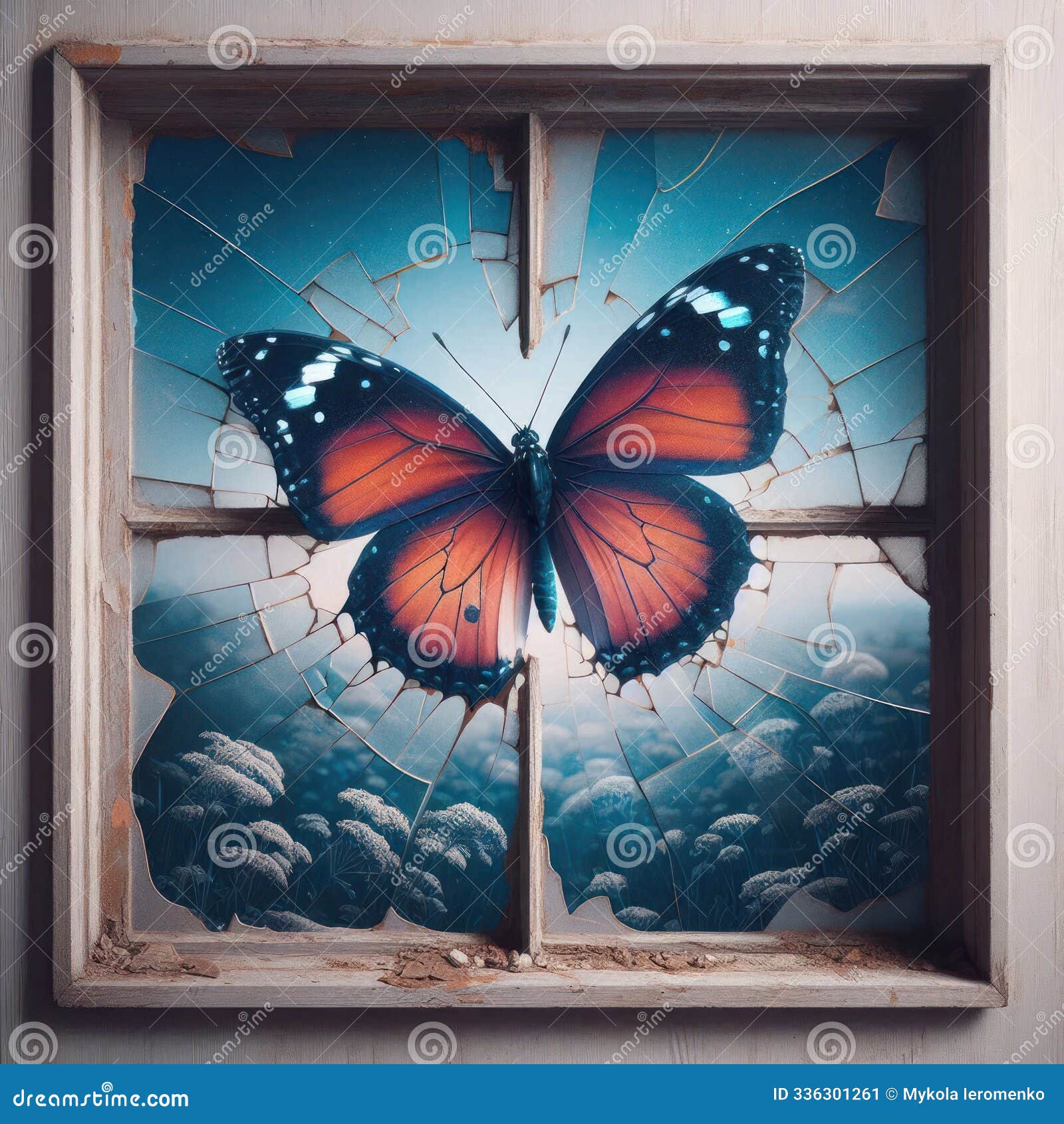 Butterfly in a Broken Window: a Symbol of Freedom through Destruction. Stock Image - Image of ...