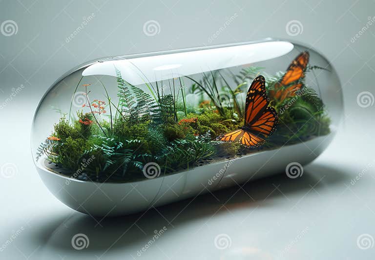 Butterfly in Capsule with Plants. a White Capsule with Grass and a ...