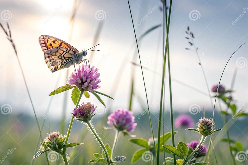 Butterfly on Clover Flower in Violet Light Stock Illustration ...
