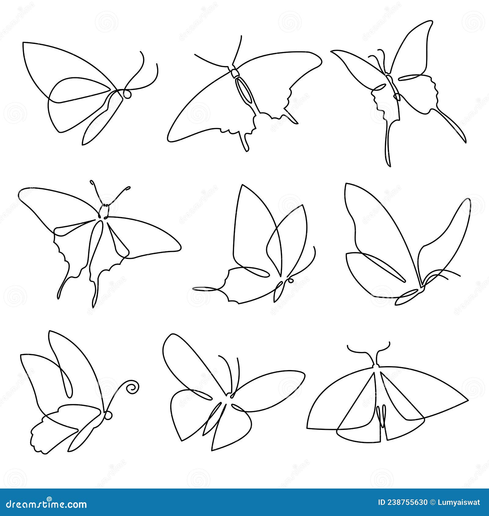 Butterfly Continuous Line Drawing Set Stock Vector - Illustration of ...