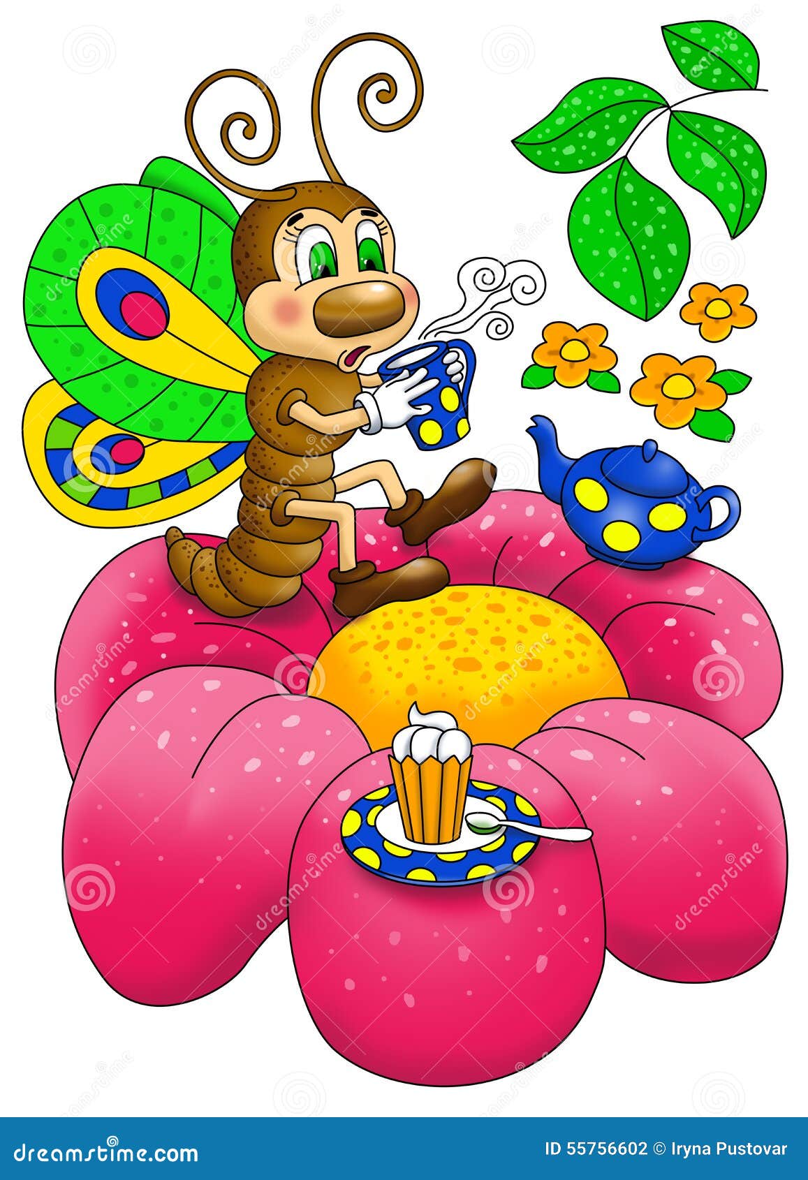 Butterfly Drinking Tea on a Flower Stock Illustration - Illustration of ...