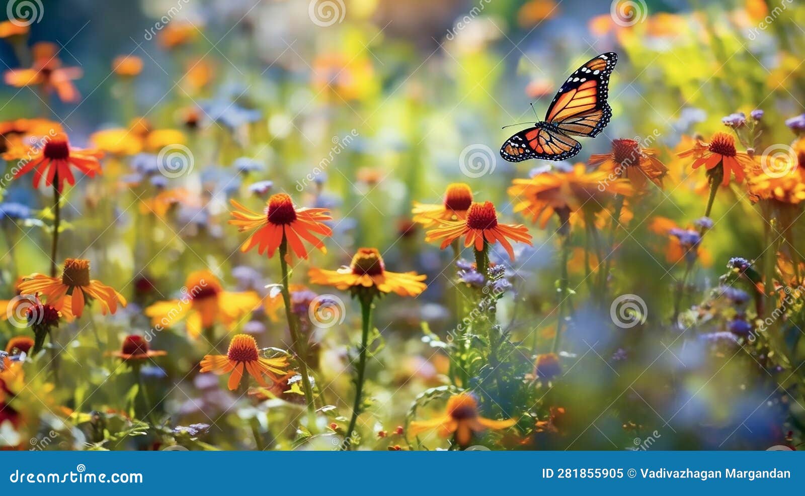 Butterfly in a Flower Field Stock Illustration - Illustration of grass ...