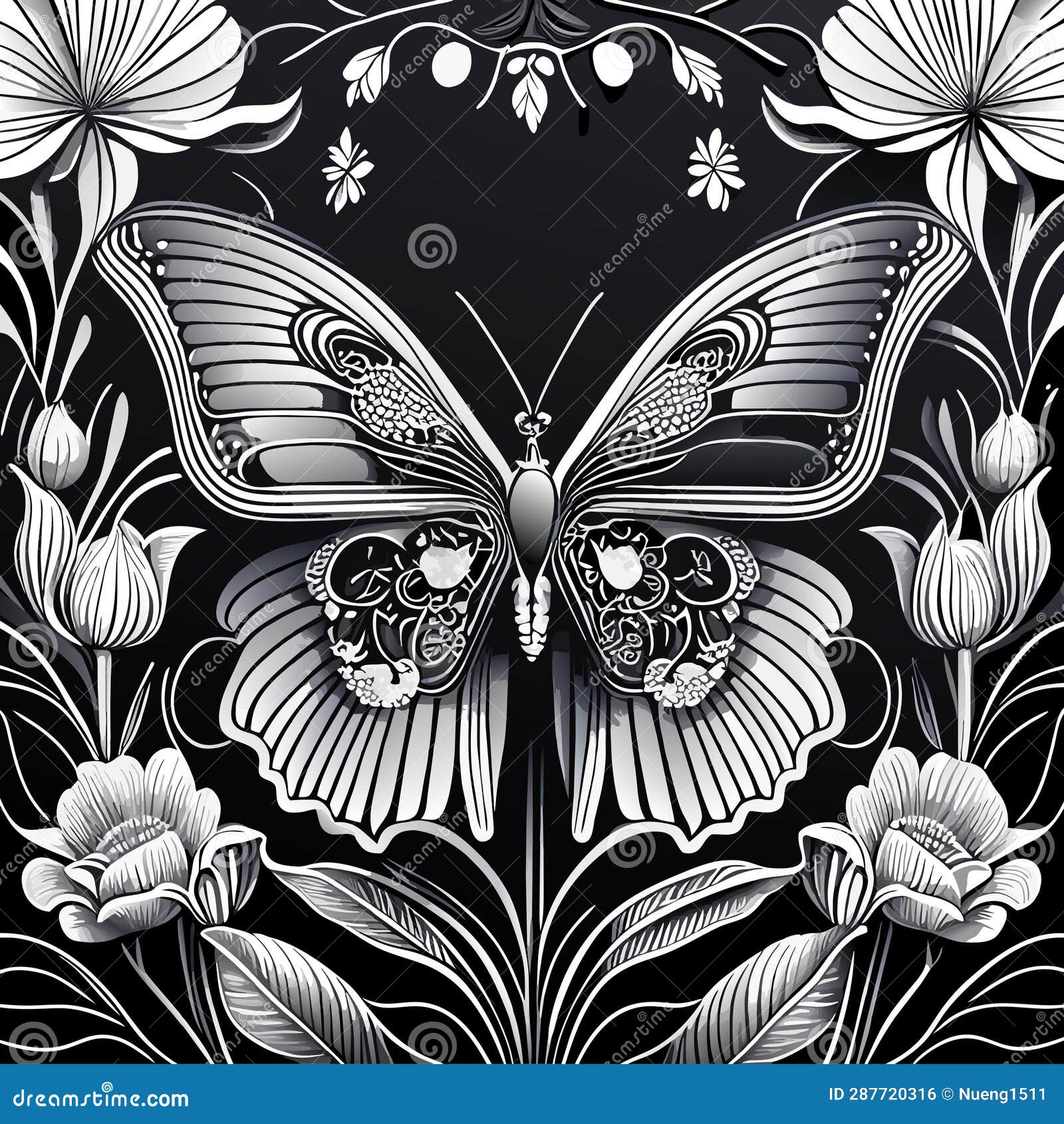 Butterfly in Flower Pattern Seamless Background Illustrations Stock ...