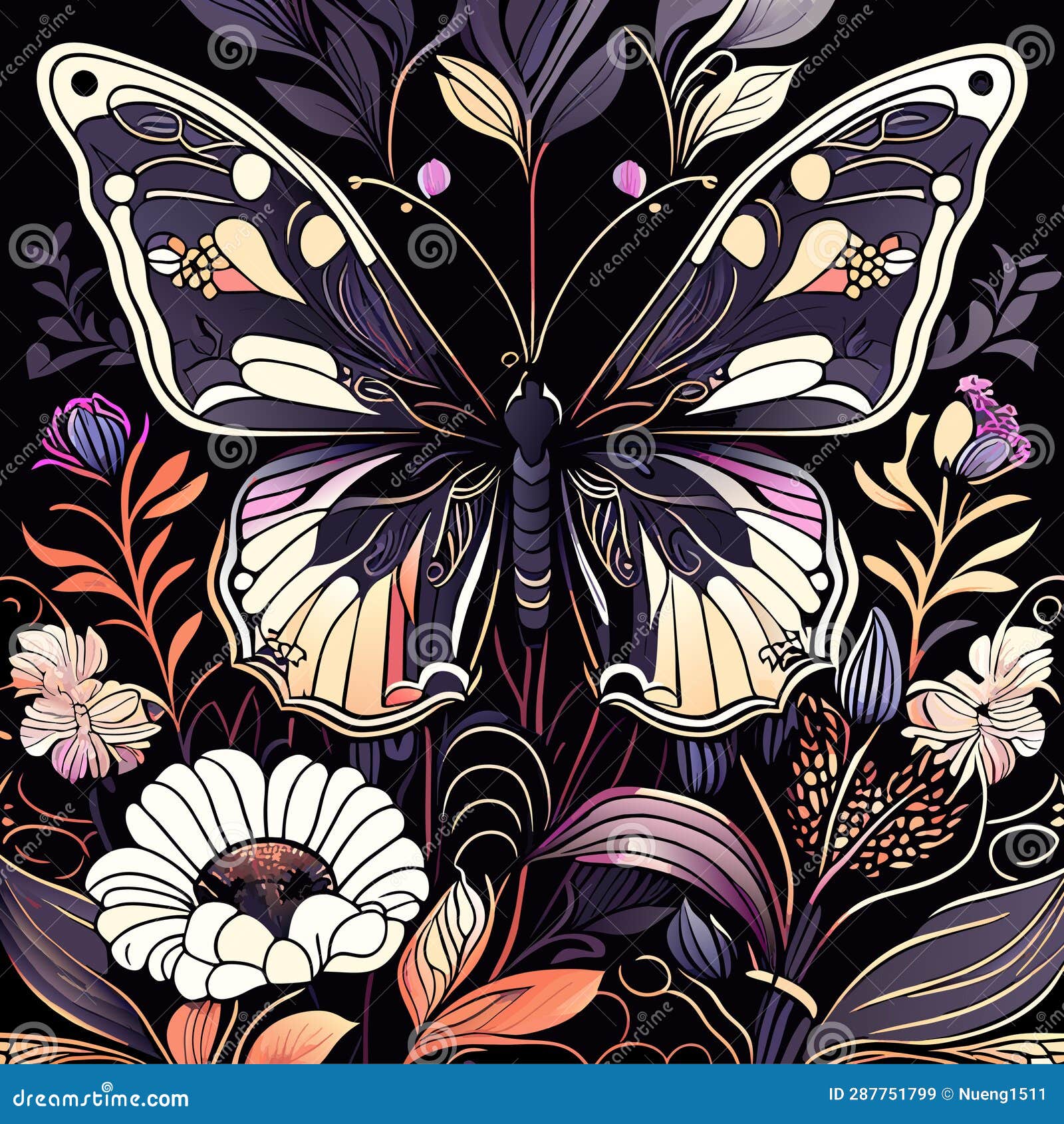 Butterfly in Flower Pattern Seamless Background Illustrations Stock ...