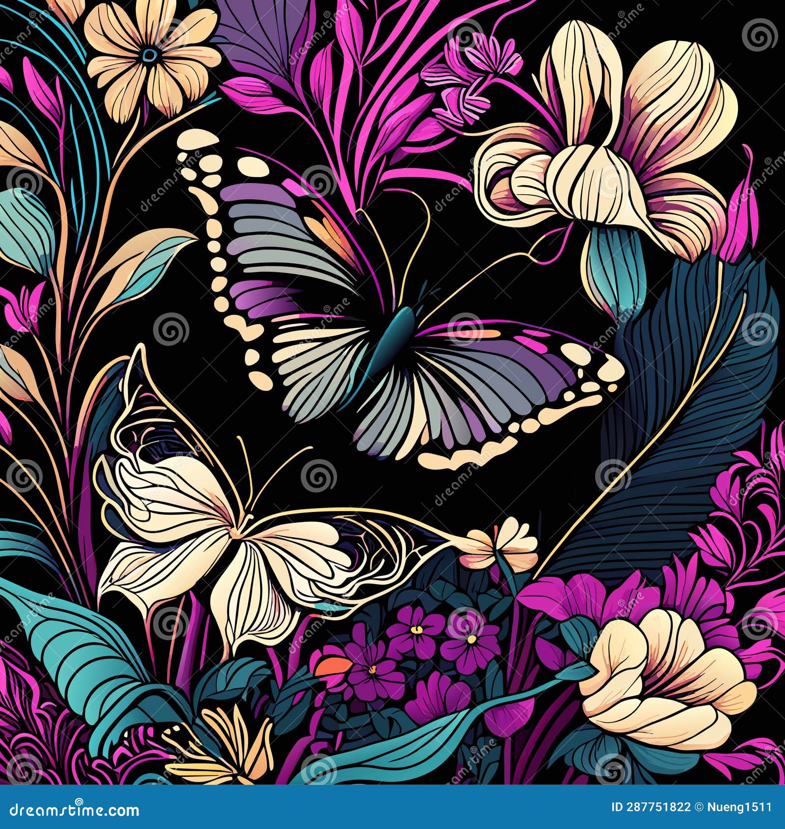 Butterfly in Flower Pattern Seamless Background Illustrations Stock ...