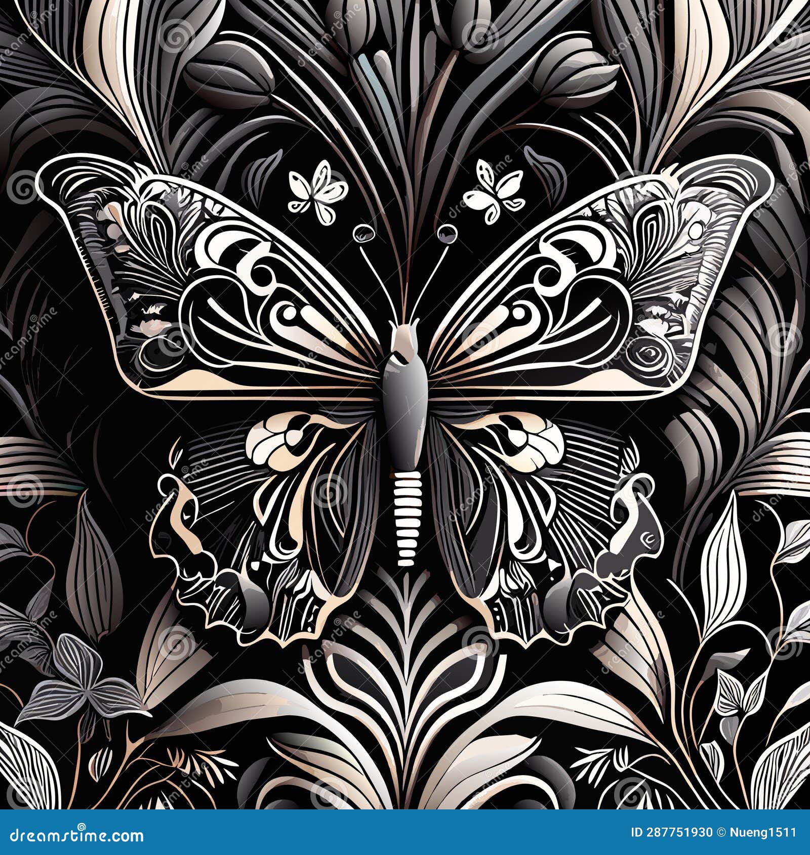 Butterfly in Flower Pattern Seamless Background Illustrations Stock ...