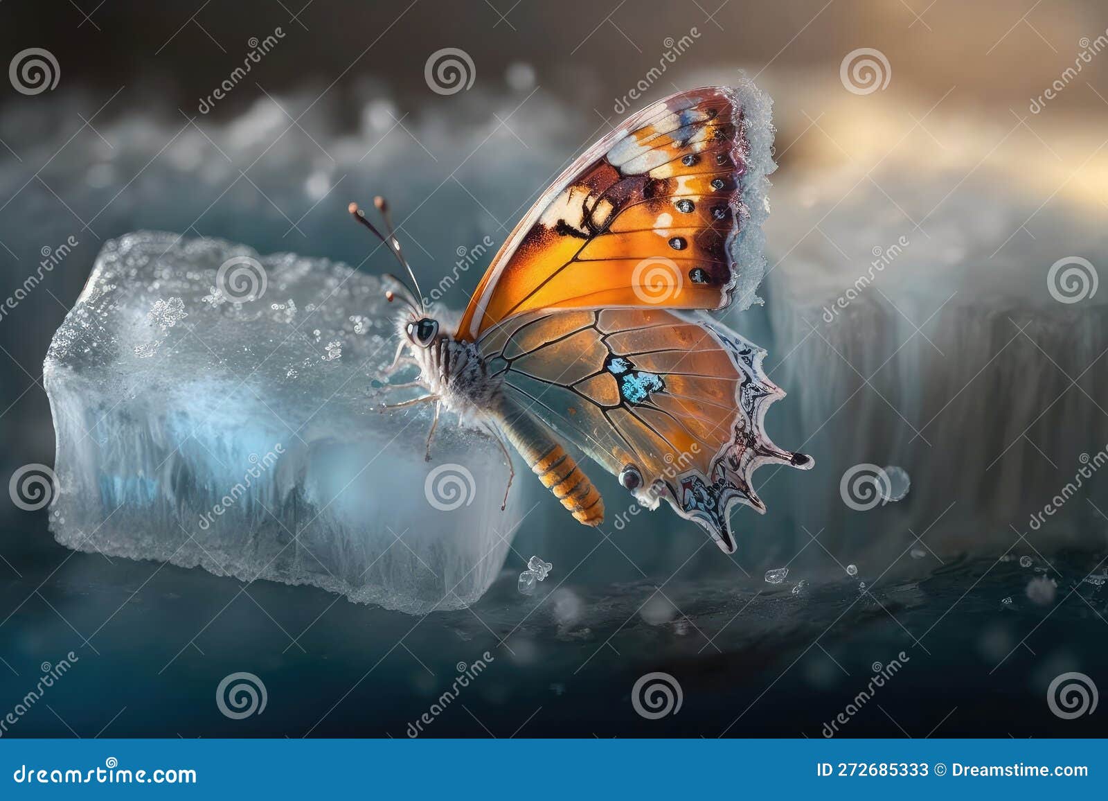 Butterfly Frozen in Ice, with Blurred Background of Landscape Stock ...