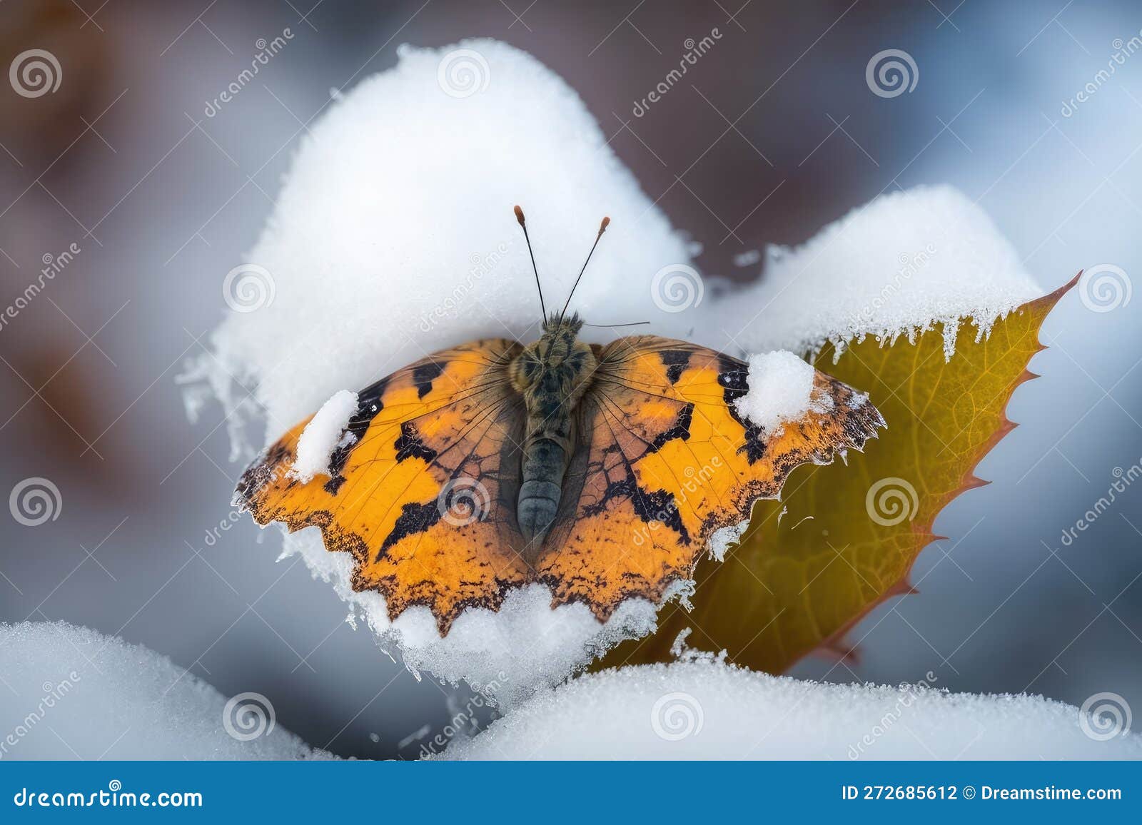 Butterfly Huddled on Cold Leaf, Surrounded by Snow Stock Illustration ...