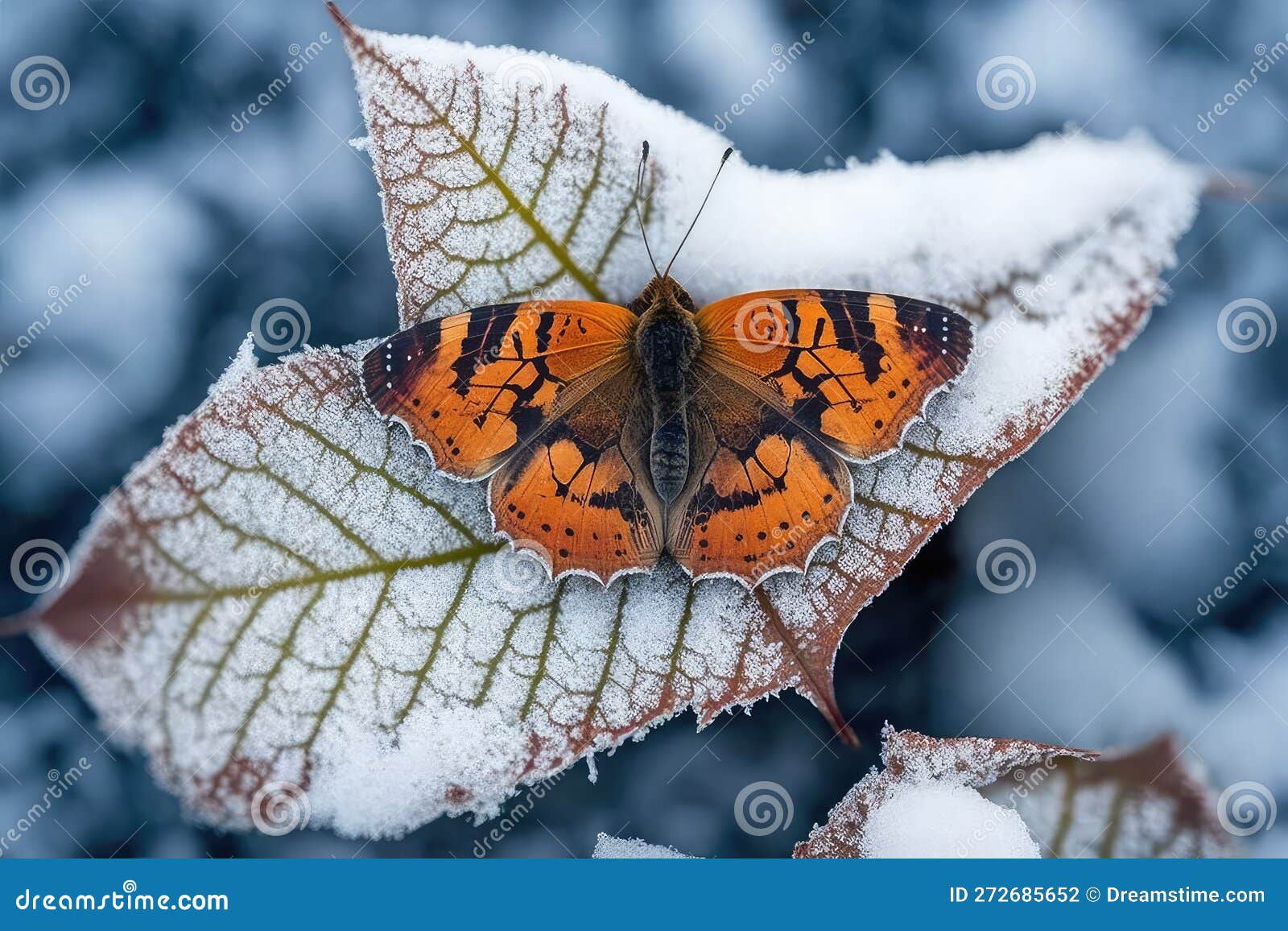 Butterfly Huddled on Cold Leaf, Surrounded by Snow Stock Illustration ...