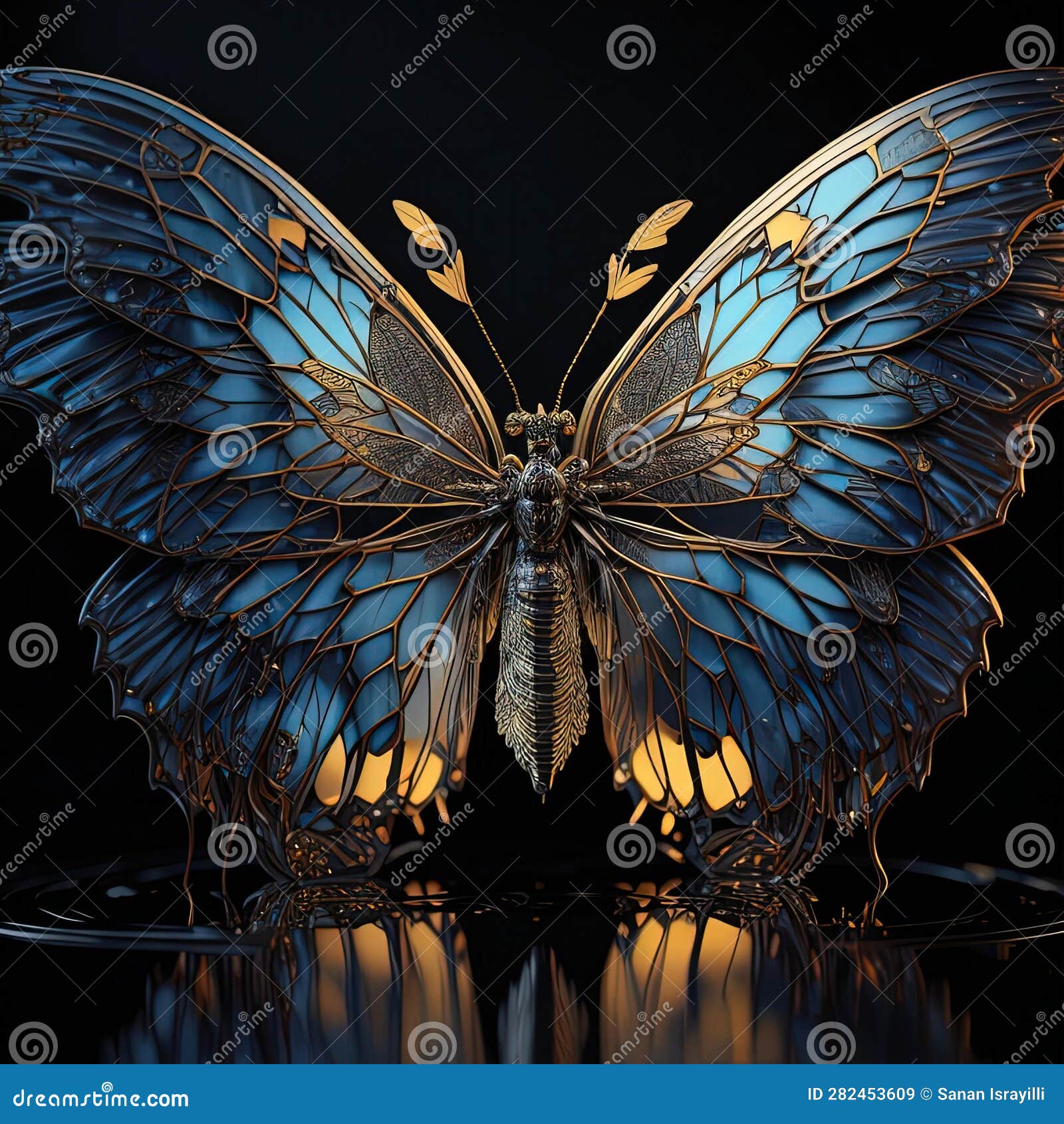 A Butterfly Isolated on Black Background with Water Reflection ...