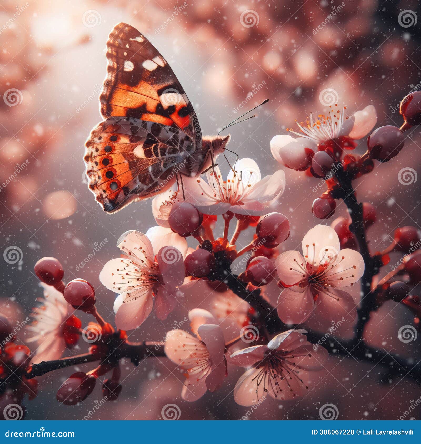 A Butterfly Landing on a Blooming Cherry Branch. Generative AI Stock ...