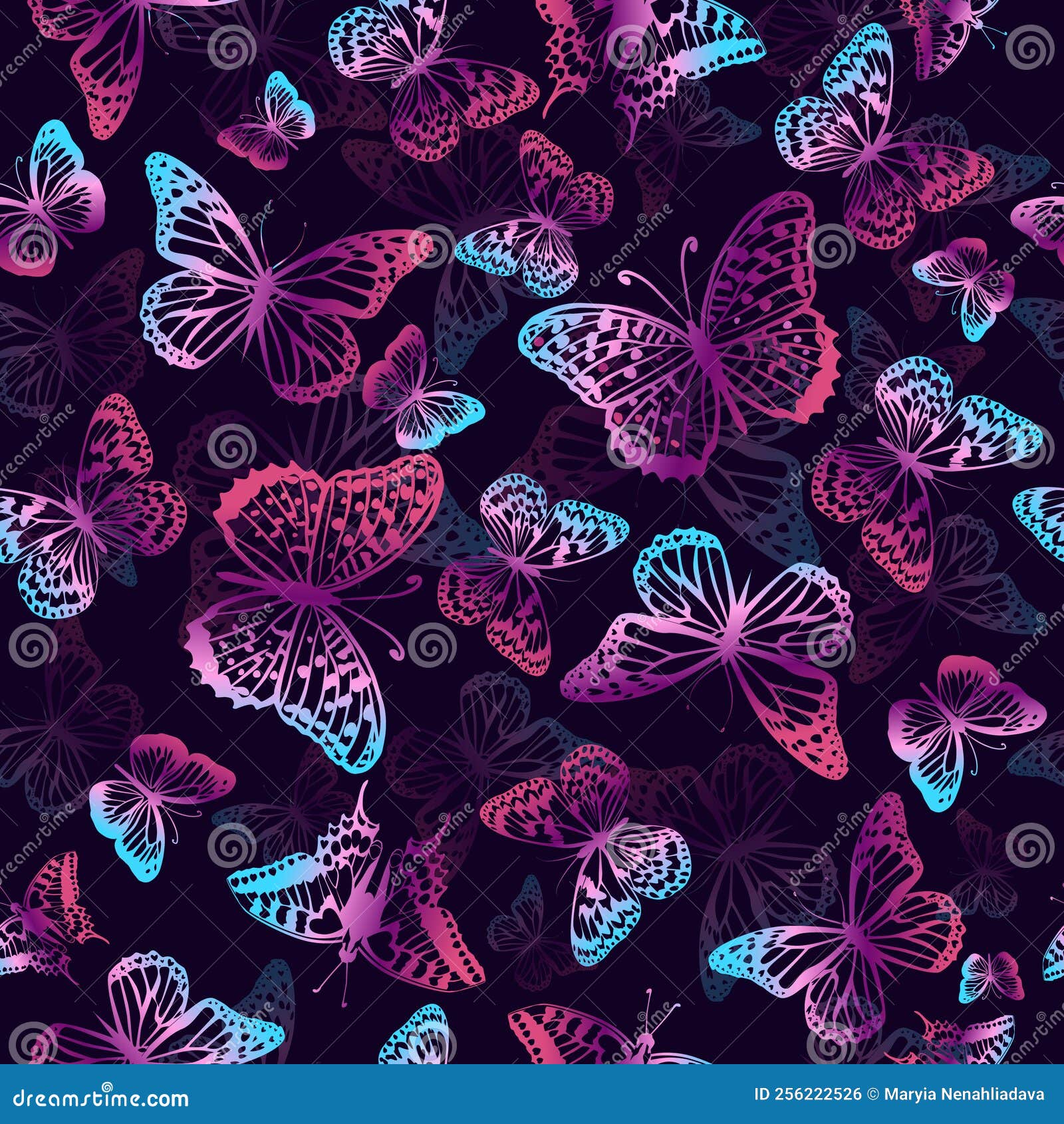 Butterfly Pattern. Seamless Background with Purple and Neon Butterflies ...